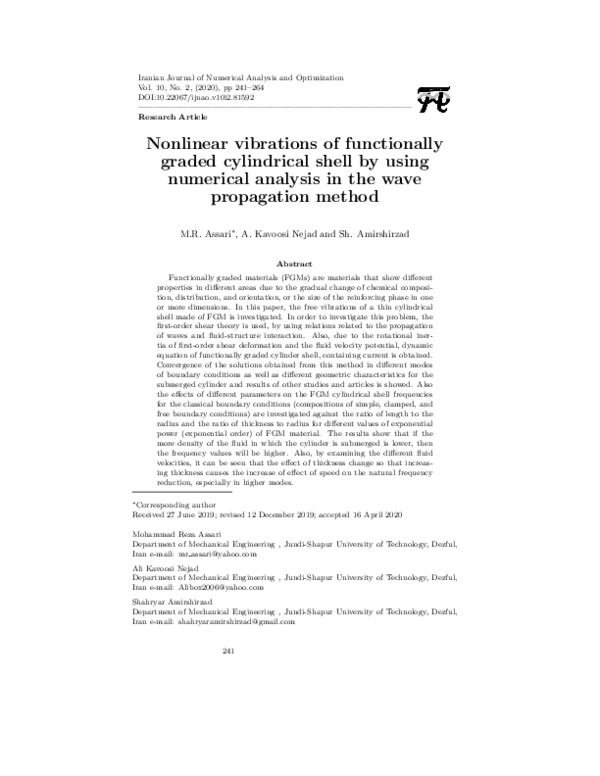 (PDF) Nonlinear vibrations of functionally graded cylindrical shell by using numerical analysis ...