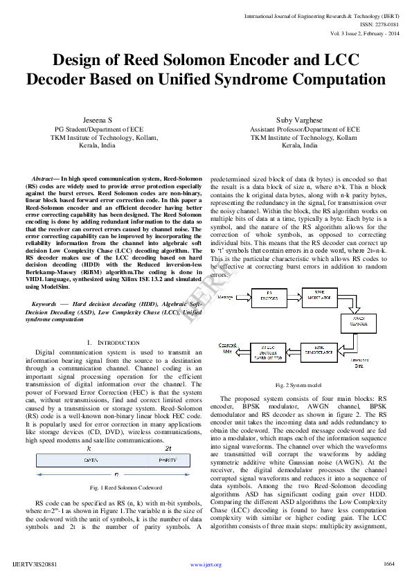 Pdf Ijert Design Of Reed Solomon Encoder And Lcc Decoder Based On Unified Syndrome Computation