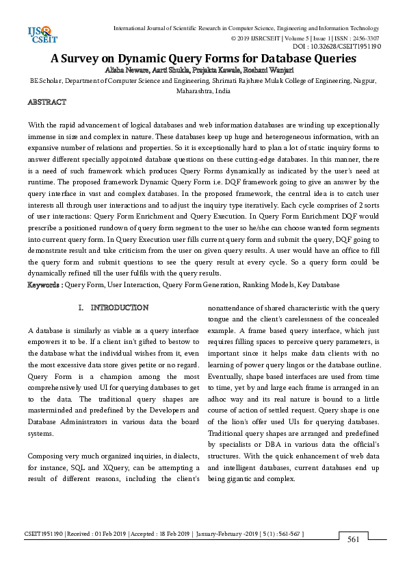 Pdf A Survey On Dynamic Query Forms For Database Queries