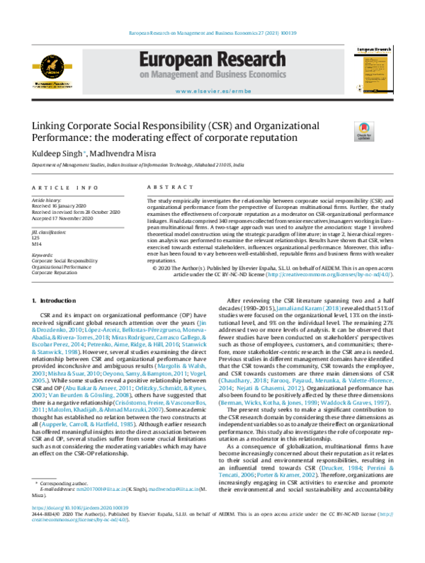 (PDF) Linking Corporate Social Responsibility (CSR) and Organizational Performance: the ...