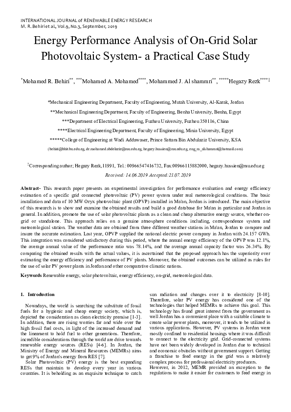 (PDF) Energy Performance Analysis of On-Grid Solar Photovoltaic System ...