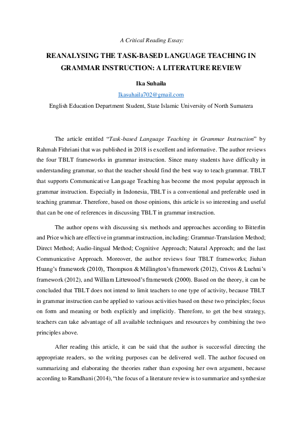 (PDF) REANALYSING THE TASK-BASED LANGUAGE TEACHING IN GRAMMAR INSTRUCTION: A LITERATURE REVIEW