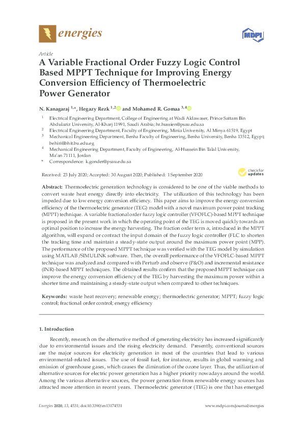 Pdf A Variable Fractional Order Fuzzy Logic Control Based Mppt Technique For Improving Energy