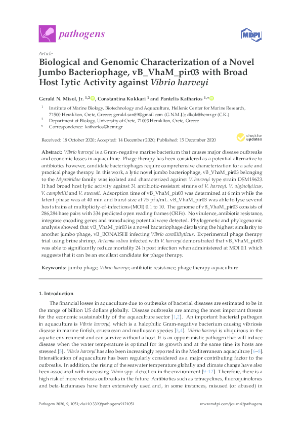 (PDF) Biological and Genomic Characterization of a Novel Jumbo Bacteriophage, vB_VhaM_pir03 with ...