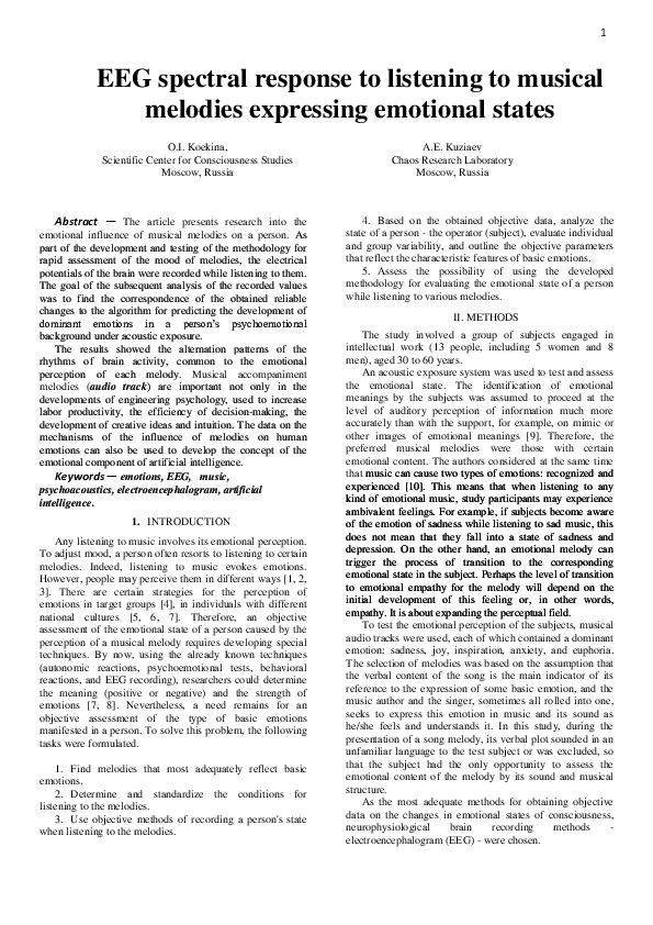 (PDF) EEG spectral response to listening to musical melodies expressing ...