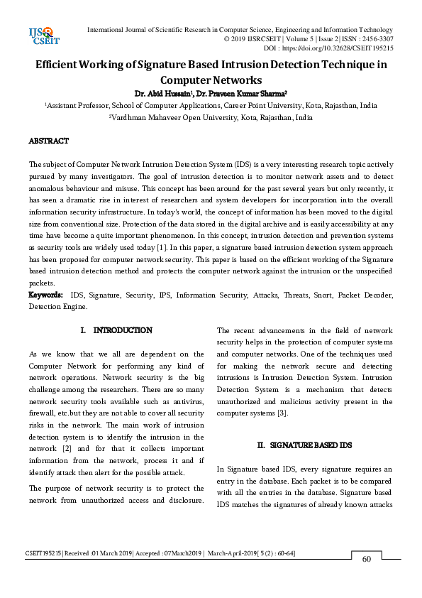 Pdf Efficient Working Of Signature Based Intrusion Detection Technique In Computer Networks