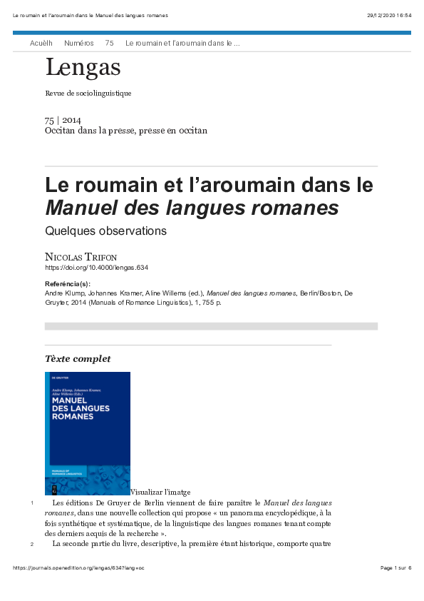 (PDF) Le roumain et l’aroumain dans le Manuel des langues romanes