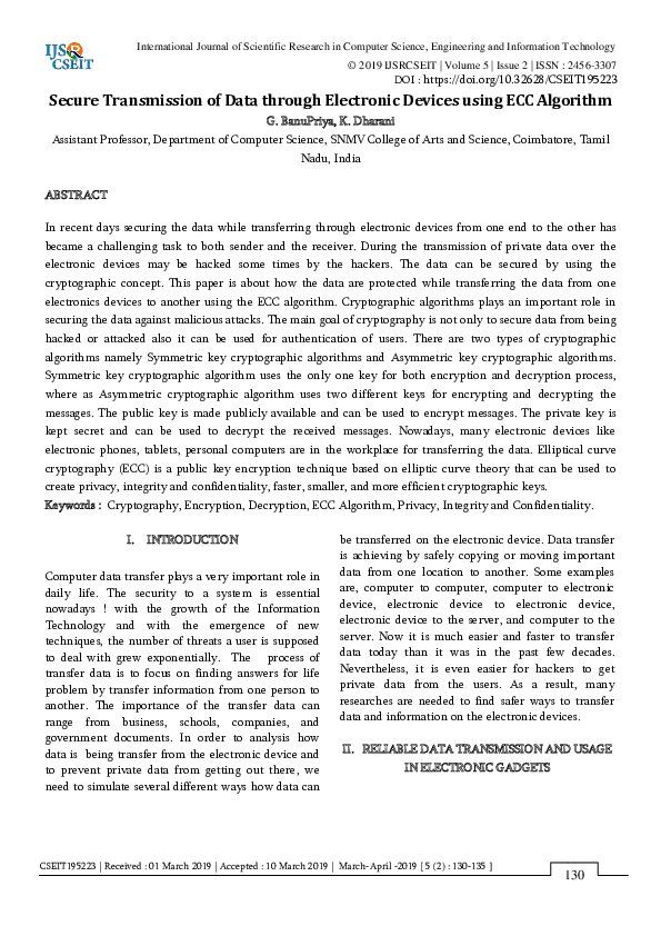 (PDF) Secure Transmission of Data through Electronic Devices using ECC Algorithm