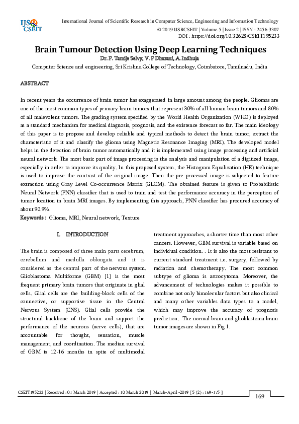Pdf Brain Tumour Detection Using Deep Learning Techniques