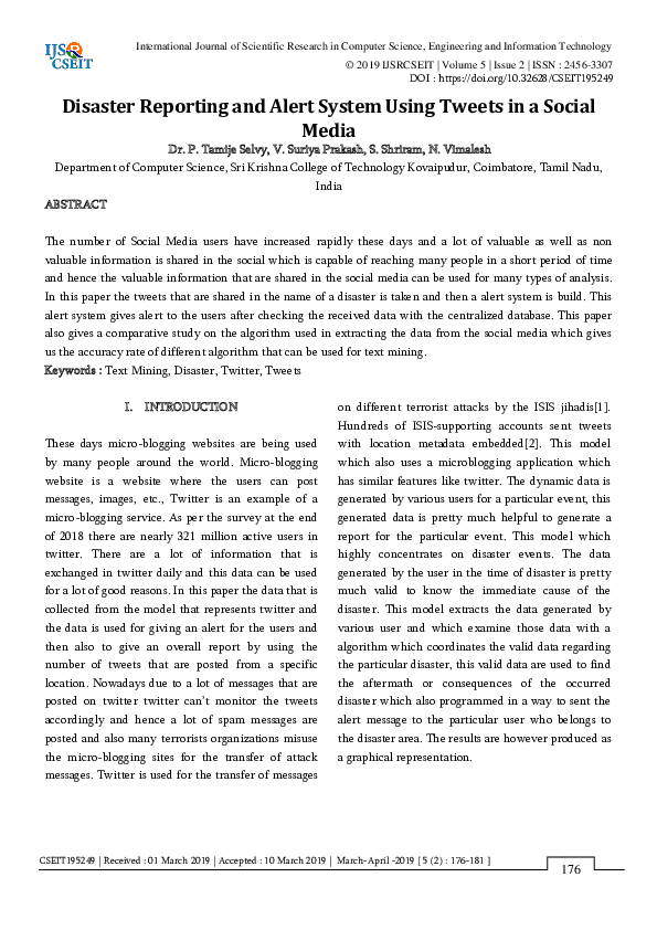 (PDF) Disaster Reporting and Alert System Using Tweets in a Social Media
