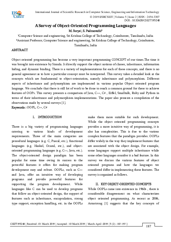 Pdf A Survey Of Object Oriented Programming Languages International Journal Of Scientific