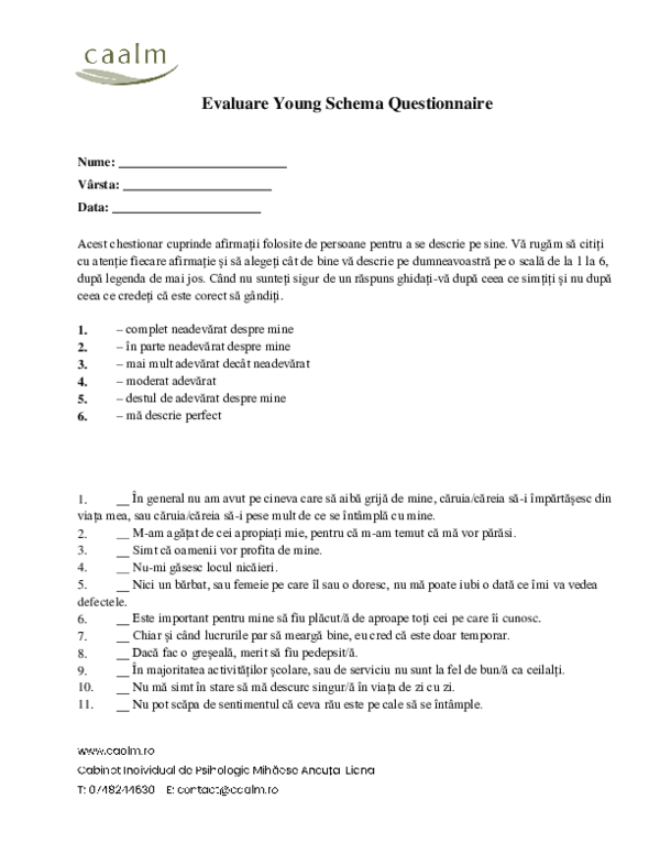(PDF) Evaluare Young Schema Questionnaire