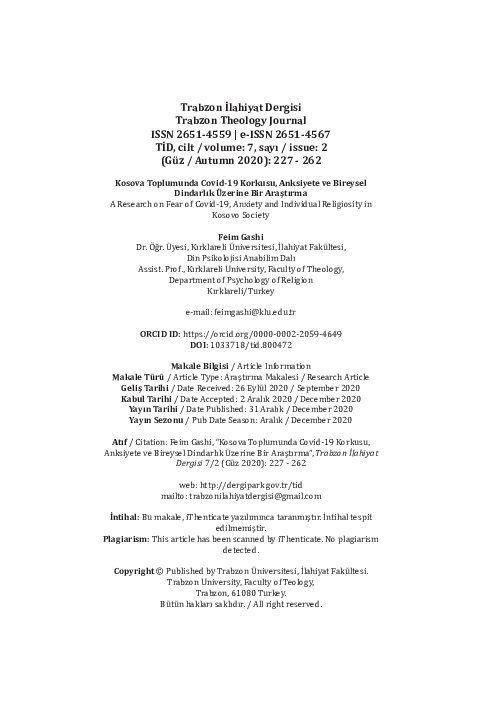 (PDF) Kosova Toplumunda Covid 19 Korkusu Anksiyete ve Bireysel ...