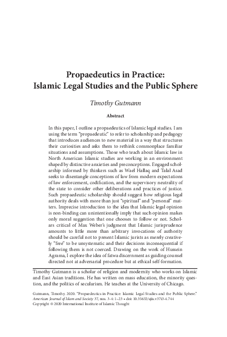 (PDF) Propaedeutics in Practice: Islamic Legal Studies and the Public ...