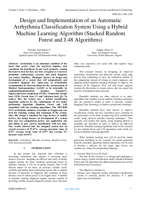 Pdf Design And Implementation Of An Automatic Arrhythmia Classification System Using A Hybrid