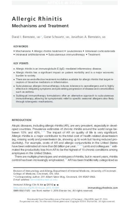 (PDF) Allergic Rhinitis Mechanisms and Treatment