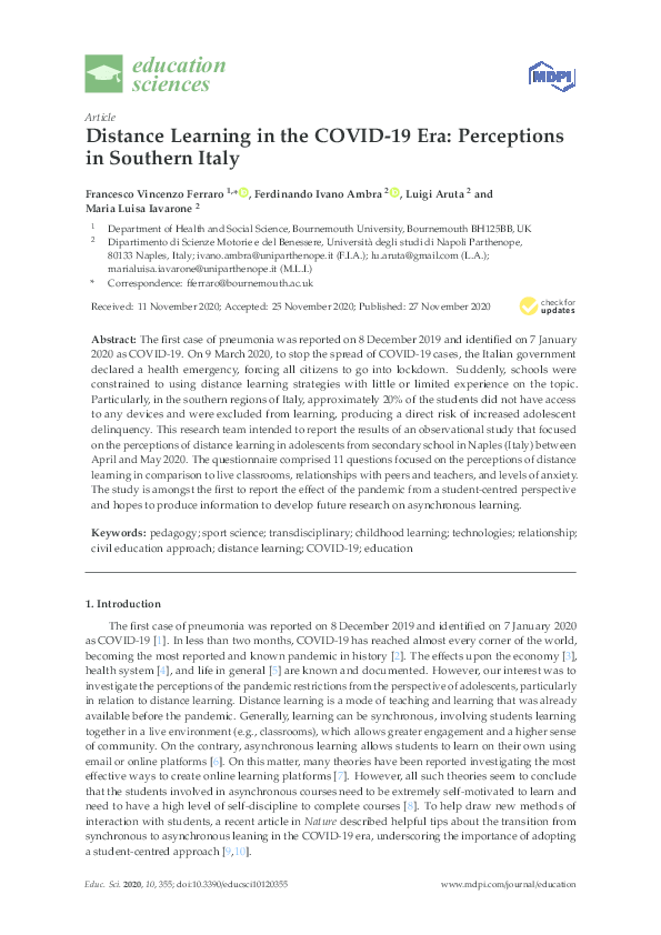 (PDF) Distance Learning in the COVID-19 Era: Perceptions in Southern Italy