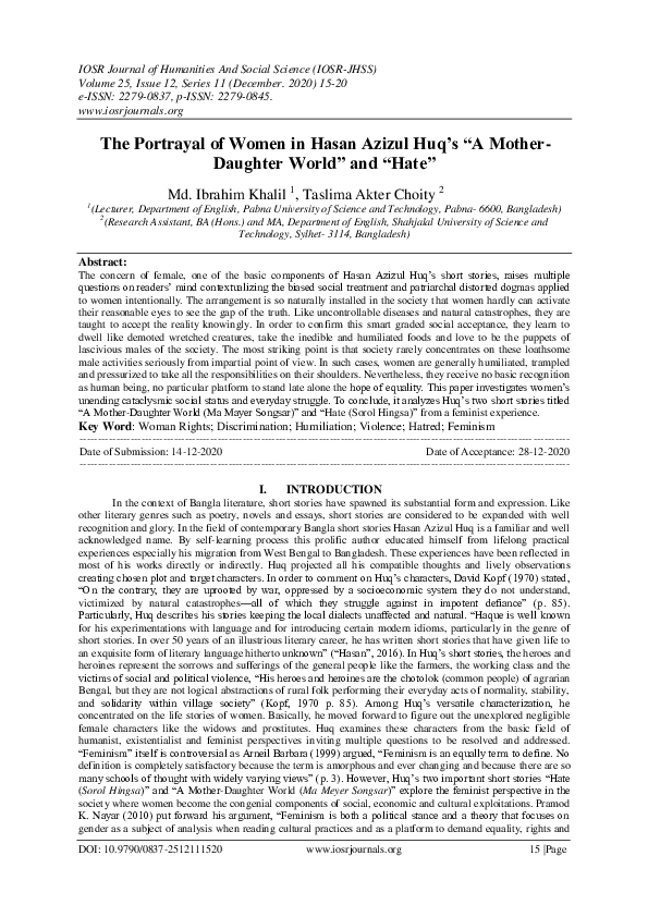 (PDF) The Portrayal of Women in Hasan Azizul Huq's "A Mother- Daughter ...
