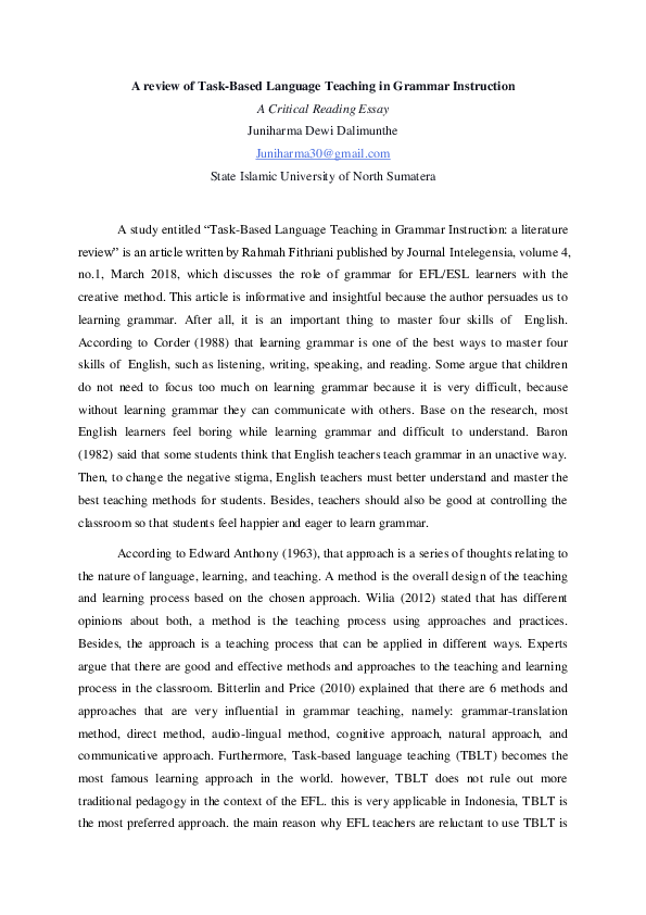 Pdf A Review Of Task Based Language Teaching In Grammar Instruction