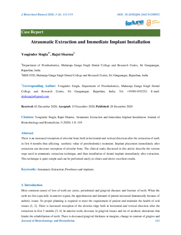 (PDF) Atraumatic Extraction and Immediate Implant Installation