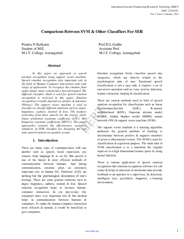 (PDF) IJERT-Comparison Between SVM & Other Classifiers For SER