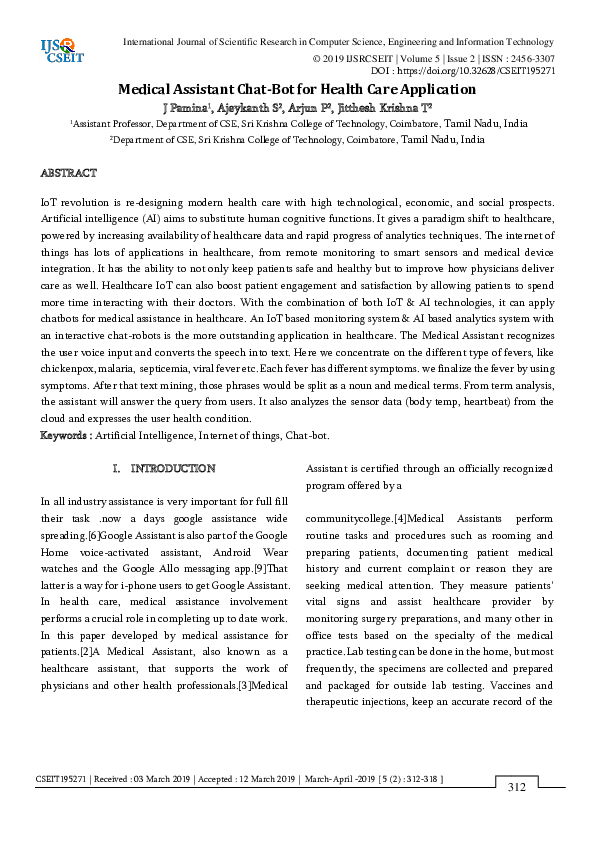 (PDF) Medical Assistant Chat-Bot for Health Care Application