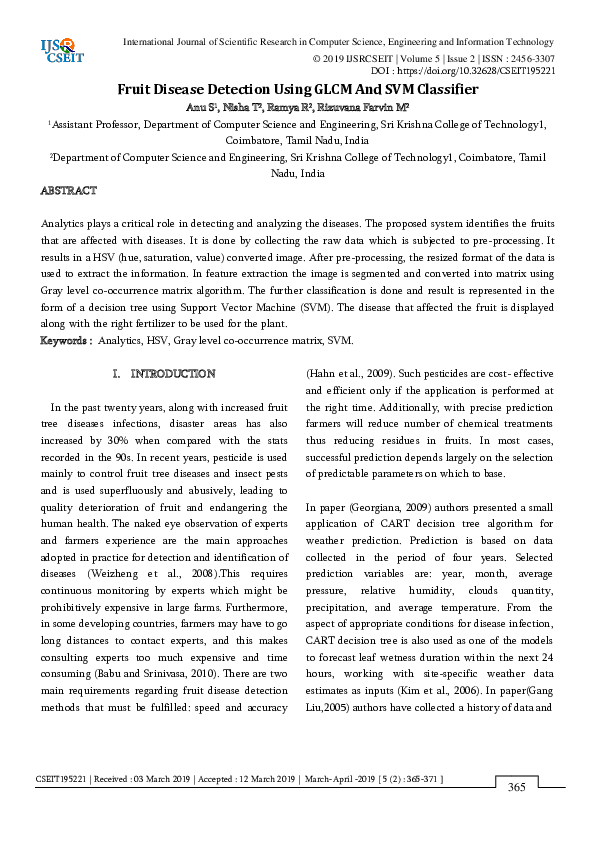 Pdf Fruit Disease Detection Using Glcm And Svm Classifier