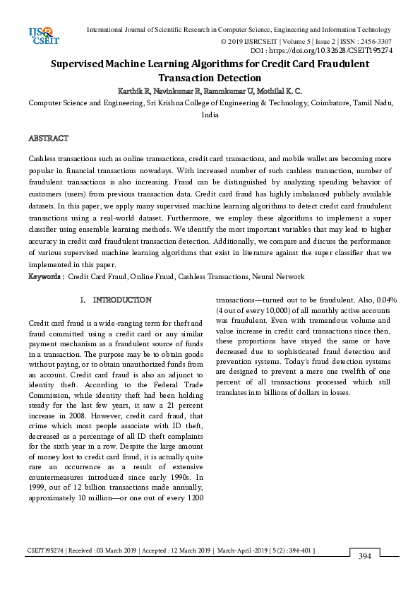 (PDF) Supervised Machine Learning Algorithms for Credit Card Fraudulent Transaction Detection