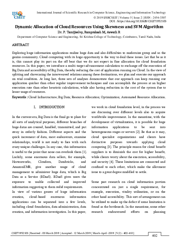 (PDF) Dynamic Allocation of Cloud Resources Using Skewness and SVM Algorithm