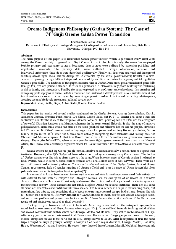 (PDF) Oromo Indigenous Philosophy (Gadaa System): The Case of 74 th ...