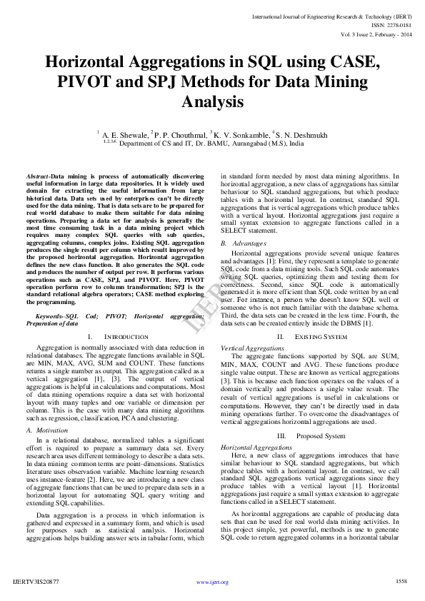 Pdf Ijert Horizontal Aggregations In Sql Using Case Pivot And Spj Methods For Data Mining 2398