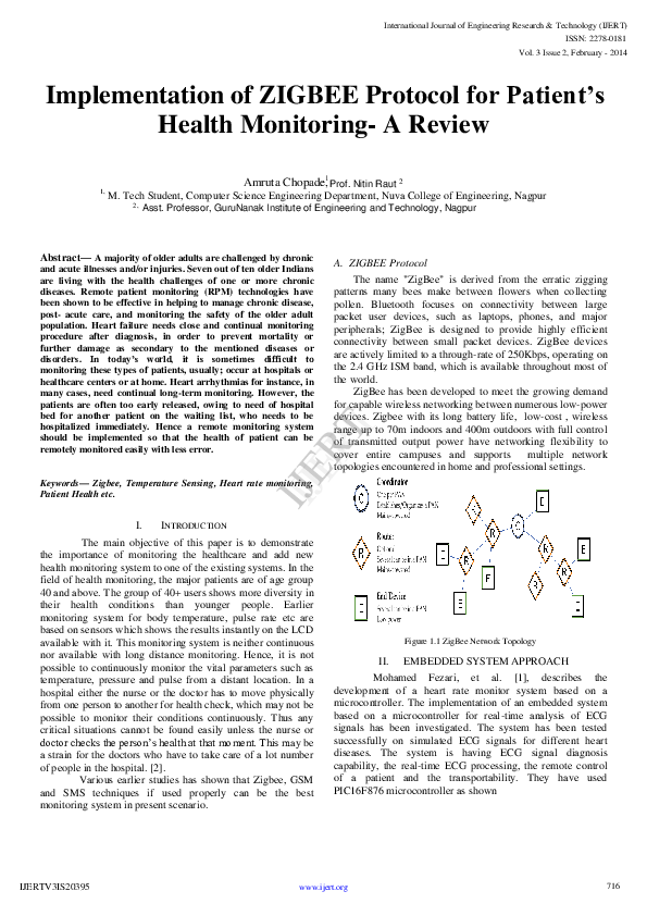 (PDF) IJERT-Implementation of ZIGBEE Protocol for Patient's Health Monitoring- A Review