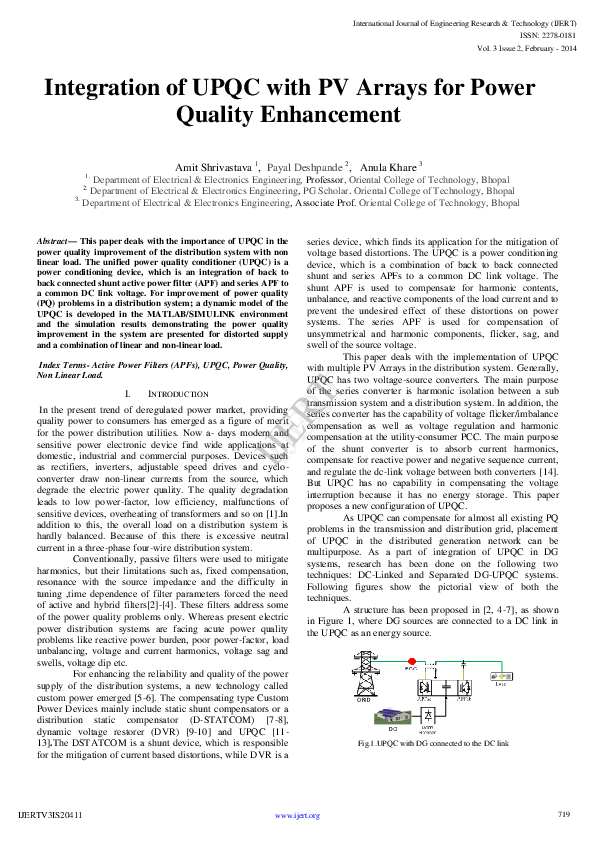 Pdf Ijert Integration Of Upqc With Pv Arrays For Power Quality Enhancement Ijert Journal