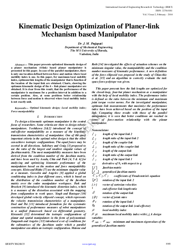 (PDF) IJERT-Kinematic Design Optimization of Planer-link Mechanism based Manipulator