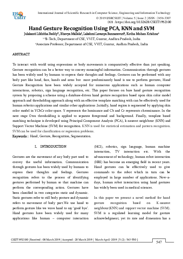 (PDF) Hand Gesture Recognition Using PCA, KNN and SVM