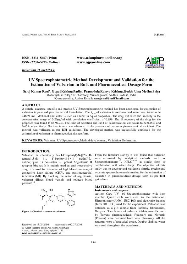 Pdf Uv Spectrophotometric Method Development And Validation For The Estimation Of Valsartan In