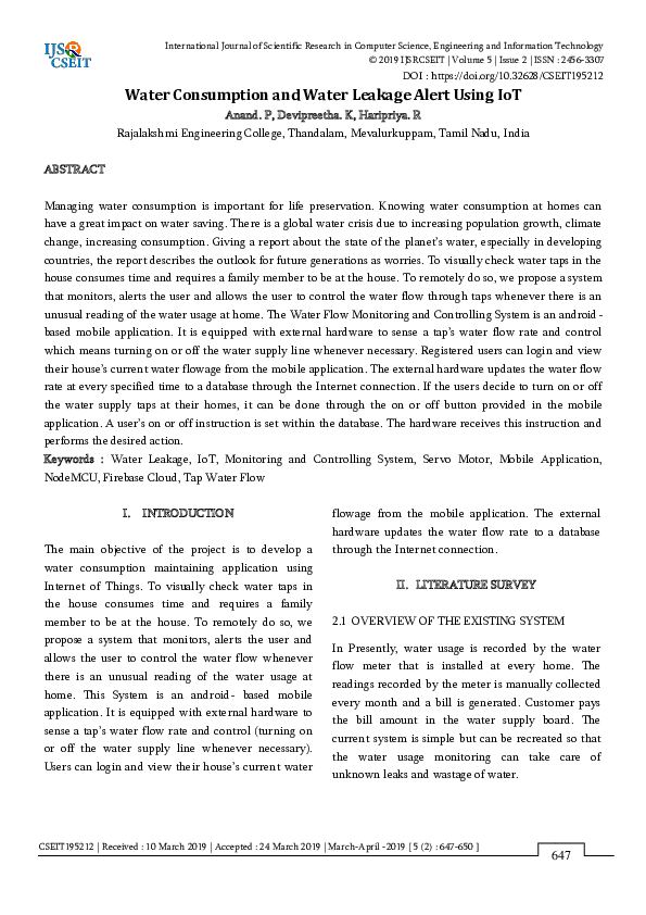 Pdf Water Consumption And Water Leakage Alert Using Iot