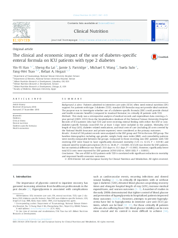 (PDF) The clinical and economic impact of the use of diabetes-specific ...