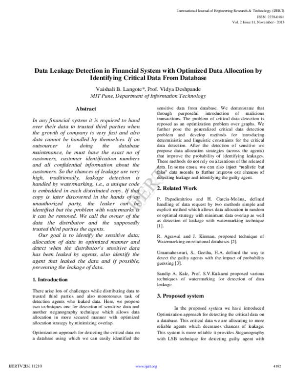 (PDF) IJERT-Data Leakage Detection in Financial System with Optimized Data Allocation by ...