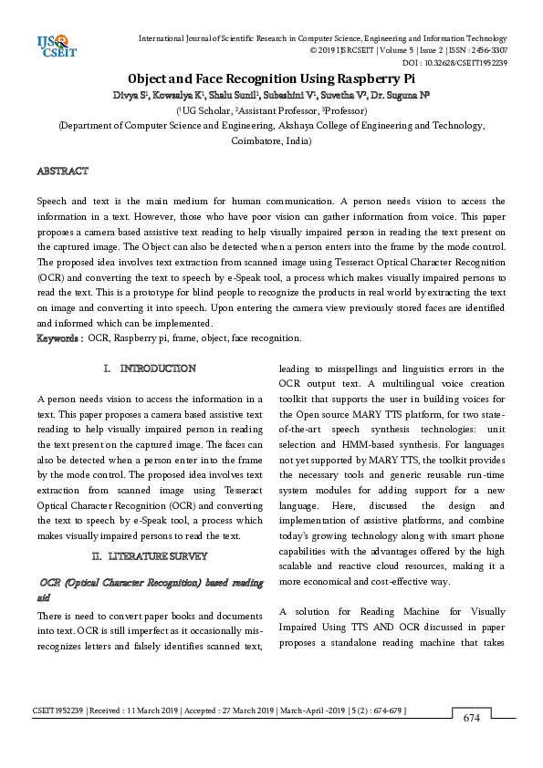 (PDF) Object and Face Recognition Using Raspberry Pi