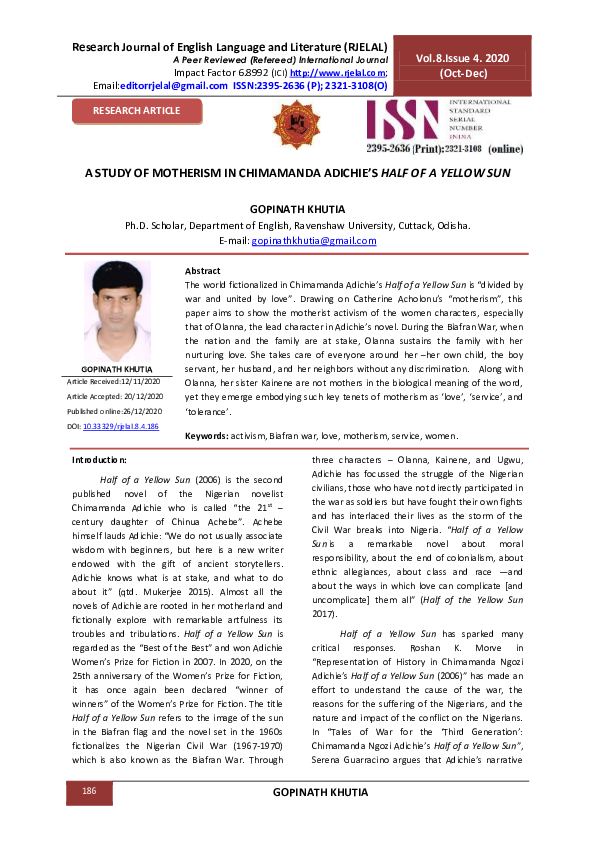 (PDF) A STUDY OF MOTHERISM IN CHIMAMANDA ADICHIE'S HALF OF A YELLOW SUN