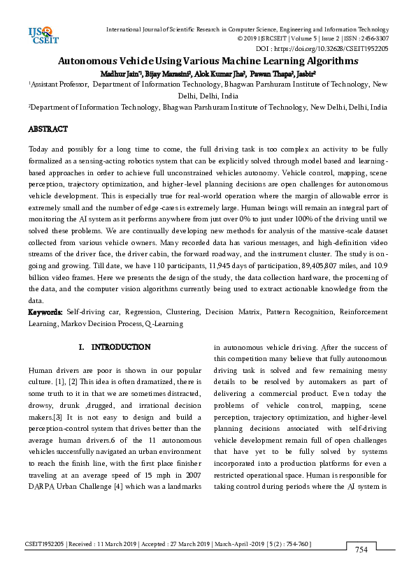 (PDF) Autonomous Vehicle Using Various Machine Learning Algorithms ...