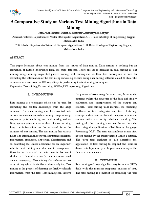 (PDF) A Comparative Study on Various Text Mining Algorithms in Data Mining