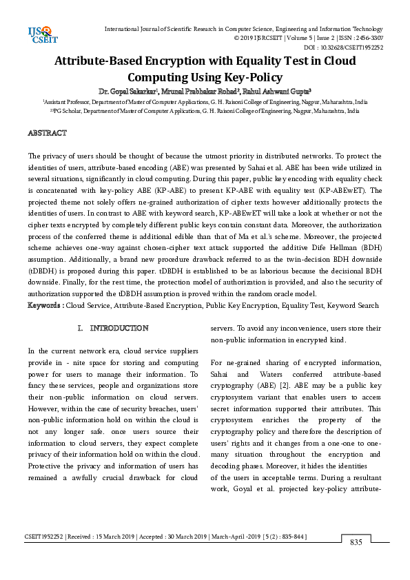Pdf Attribute Based Encryption With Equality Test In Cloud Computing Using Key Policy