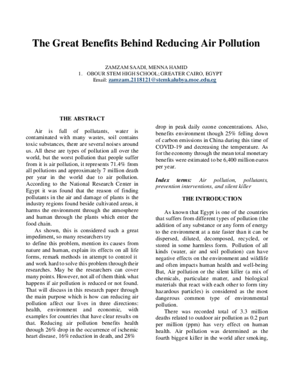 (PDF) The Great Benefits Behind Reducing Air Pollution