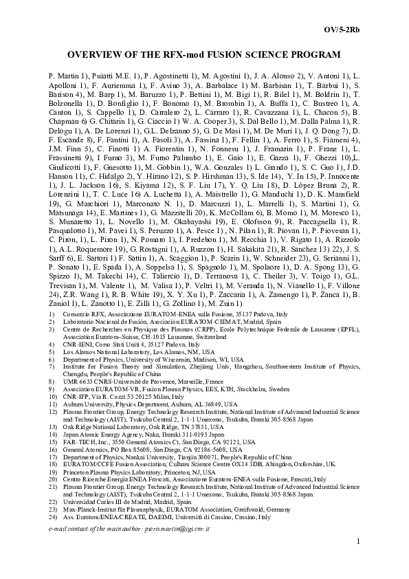 (PDF) Overview of the RFX-mod fusion science programme