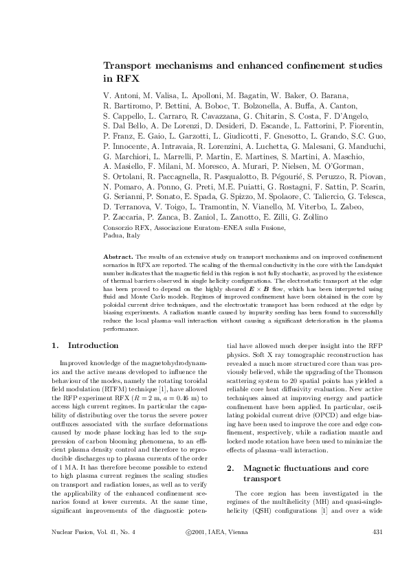 (PDF) Transport mechanisms and enhanced confinement studies in RFX