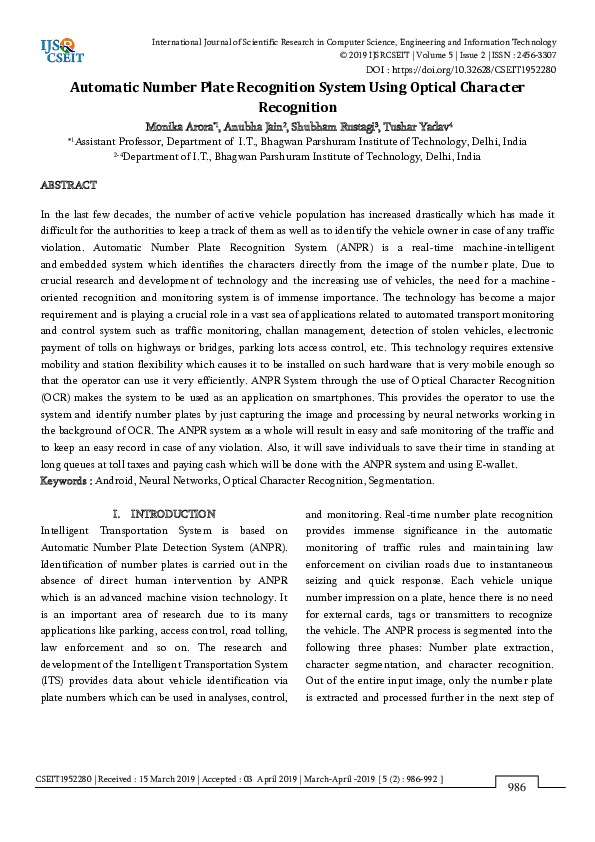 (PDF) Automatic Number Plate Recognition System Using Optical Character Recognition