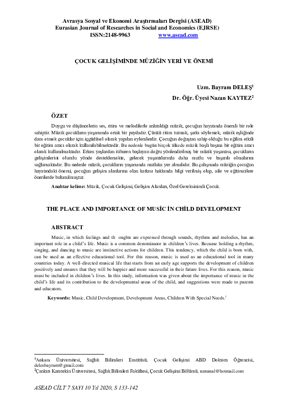 Pdf Çocuk GelİŞİmİnde MÜzİĞİn Yerİ Ve Önemİ The Place And Importance