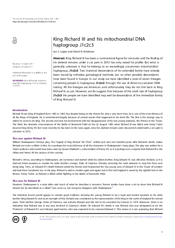 (PDF) King Richard III and his mitochondrial DNA haplogroup J1c2c3
